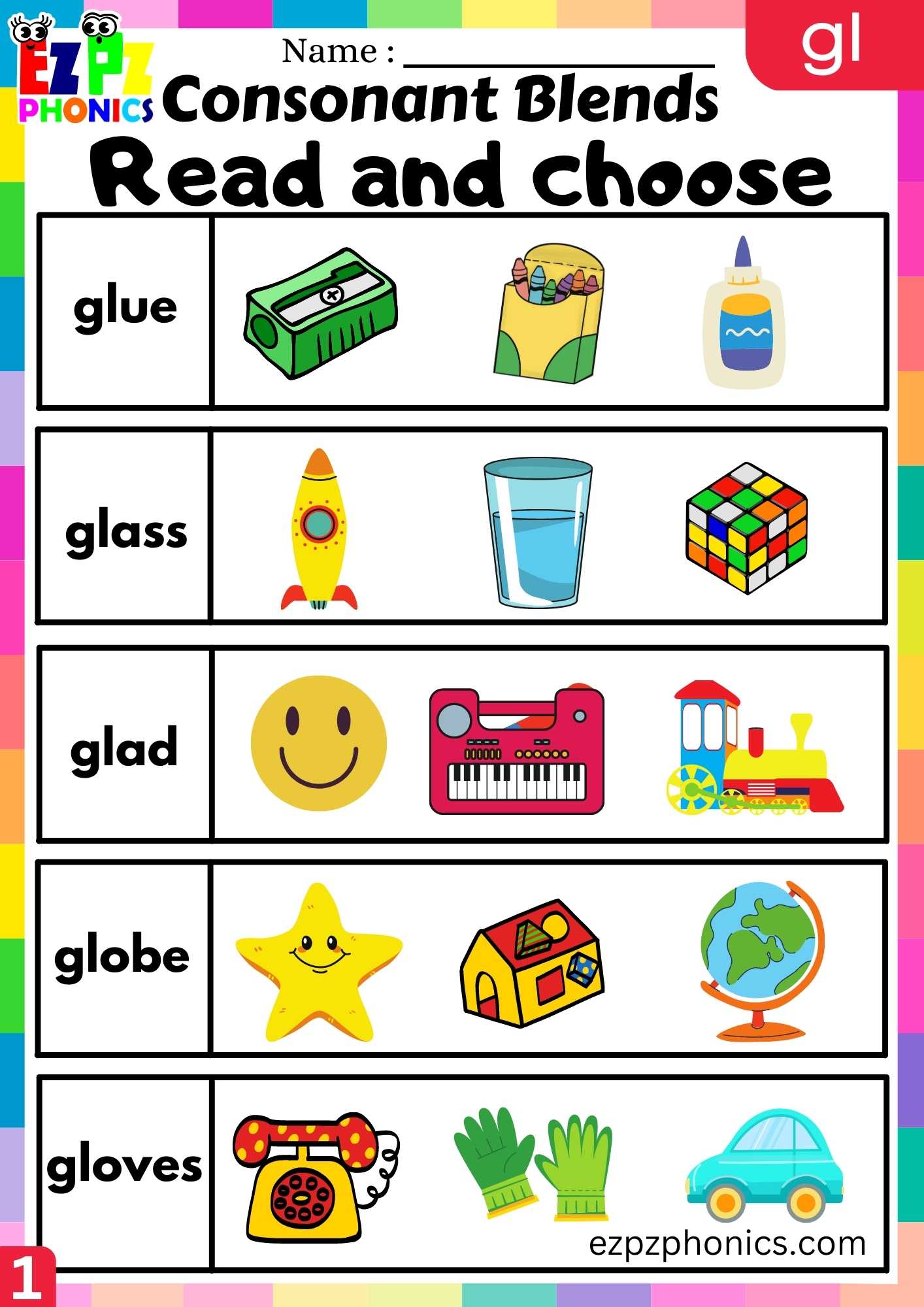 Group1 GL Words Read And Choose Phonics Consonant Blends Worksheet - ezpzphonics.com